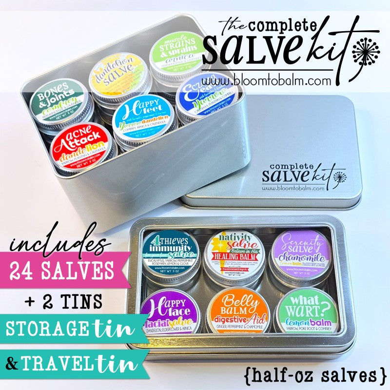 The COMPLETE Salve Kit {24 half-oz Salves} + 2 FREE Tins! – Bloom to Balm